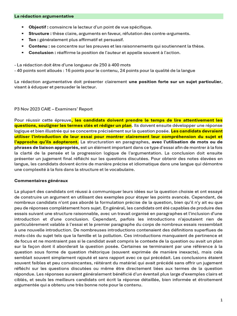 Explication La Rédaction Argumentative Et Sujets 2024 | PDF