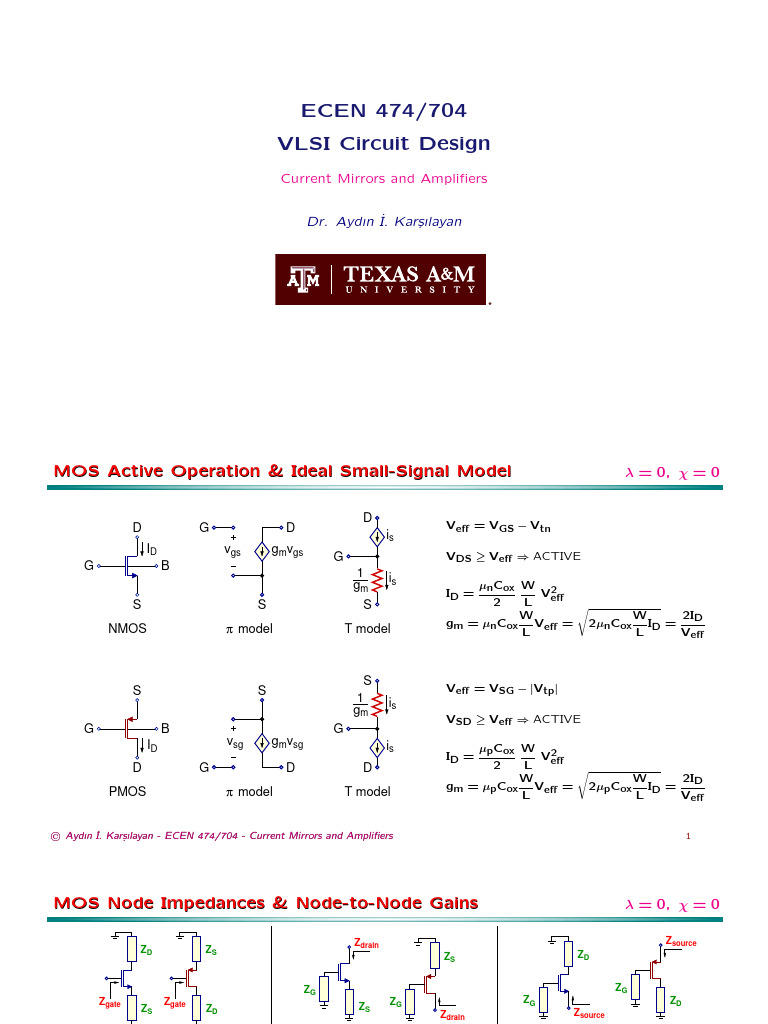 ECEN 474/704 VLSI Circuit Design: Current Mirrors and Amplifiers | PDF