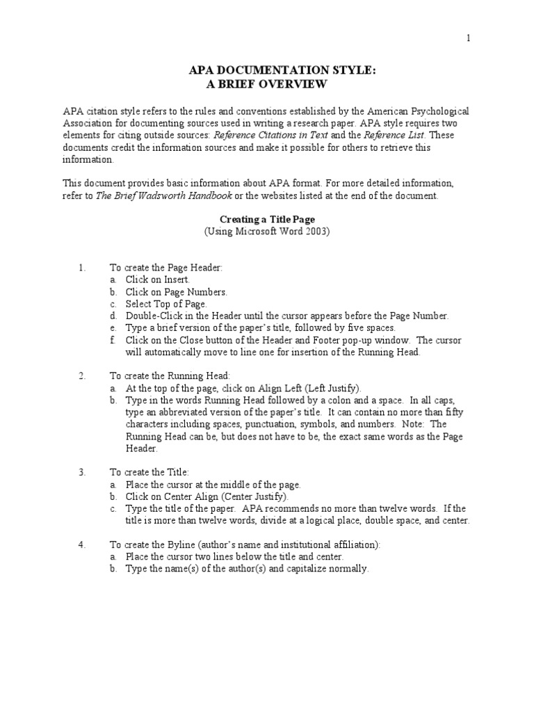 Apa Documentation Style: A Brief Overview: Creating A Title Page | PDF ...