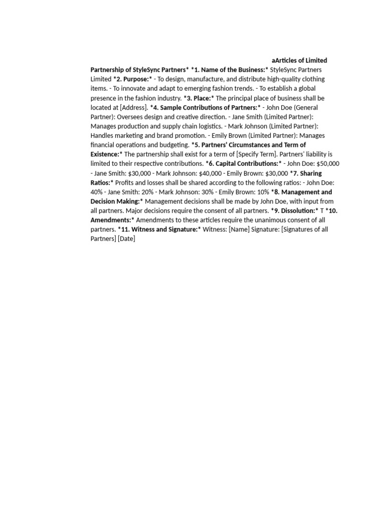 Articles of Limited Partnership of StyleSync Partners | PDF