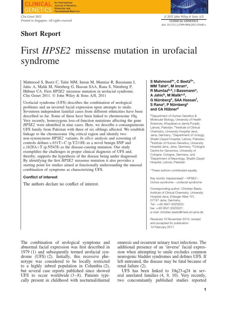 First HPSE2 Missense Mutation in Urofacial Syndrome | PDF | Zygosity ...