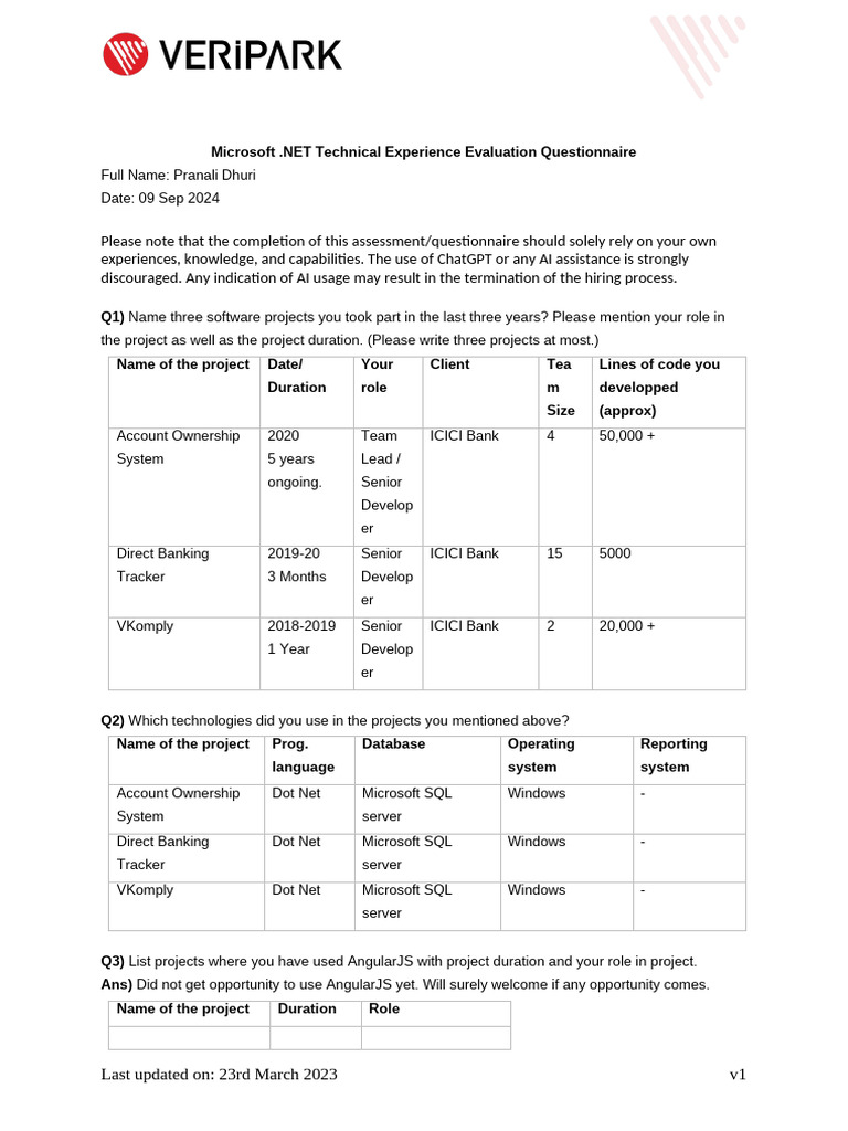 Questionnaire - Microsoft .NET v1 2 | PDF