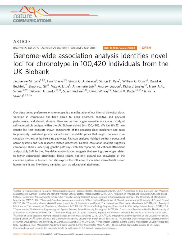 Lane2016 Genome-Wide Association Analysis Identifies Novel Loci For Chronotype in 100,420 ...