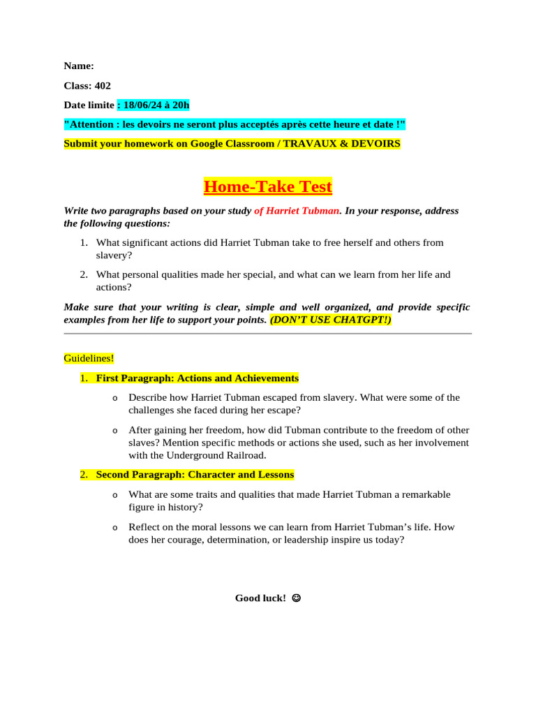 Home Take Test 4e2 - Harriet Tubman Writing | PDF