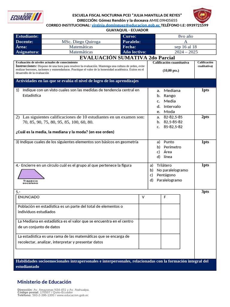 Ev. Sum. Parcial 2 Mat 8, 9y 10 2024-25 | PDF