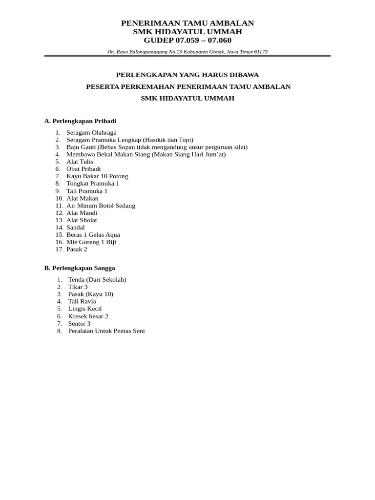 Perlengkapan Penerimaan Tamu Ambalan (Pta) 2024 | PDF