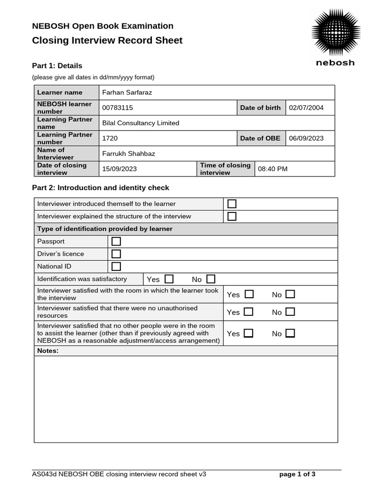 Closing Interview Record Sheet Template v3 | PDF