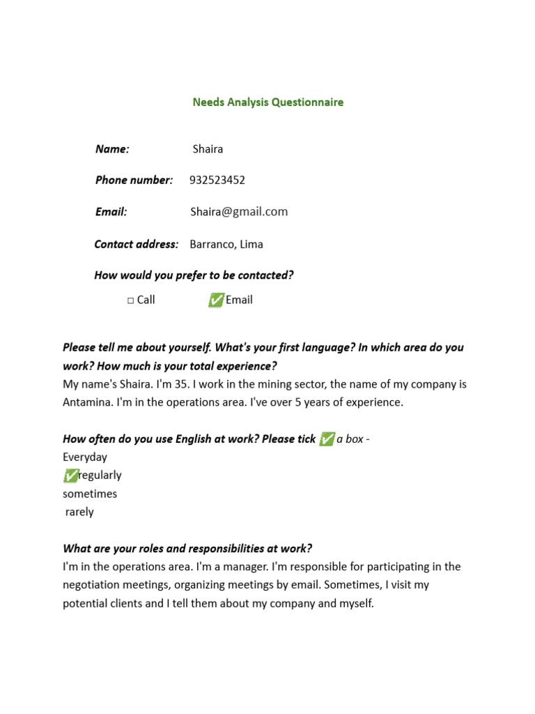 Needs Analysis Questionnaire and Answers by Learner Shaira | PDF