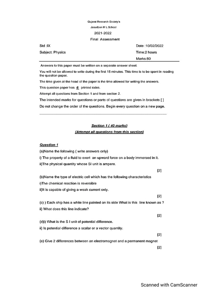 STD IX Physics 80 Marks Question Paper 2021-22 Final Assessment | PDF