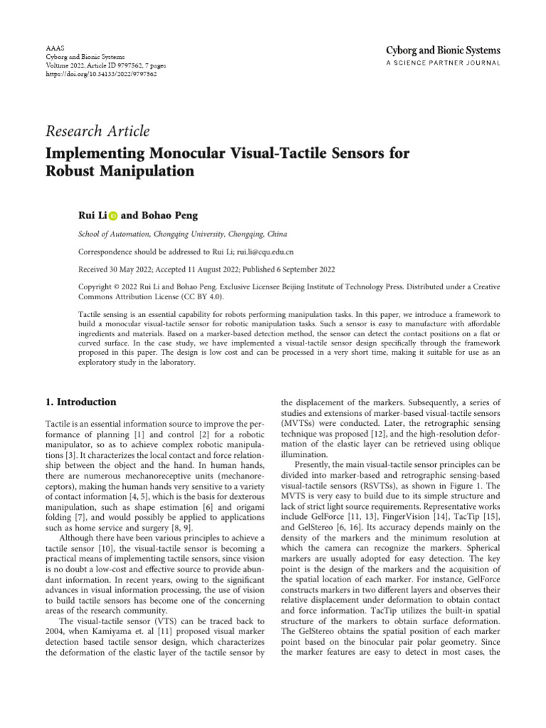 Implementing Monocular Visual-Tactile Sensors For Robust Manipulation | PDF | Camera | Robotics