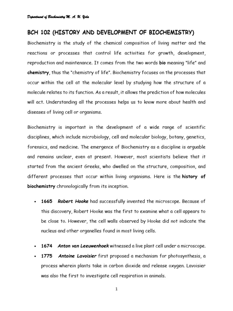 History of Biochemistry BCH102 | PDF