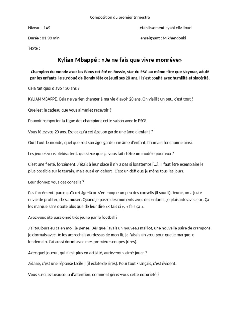 Didactique Devoir Kylian Mbappé | PDF