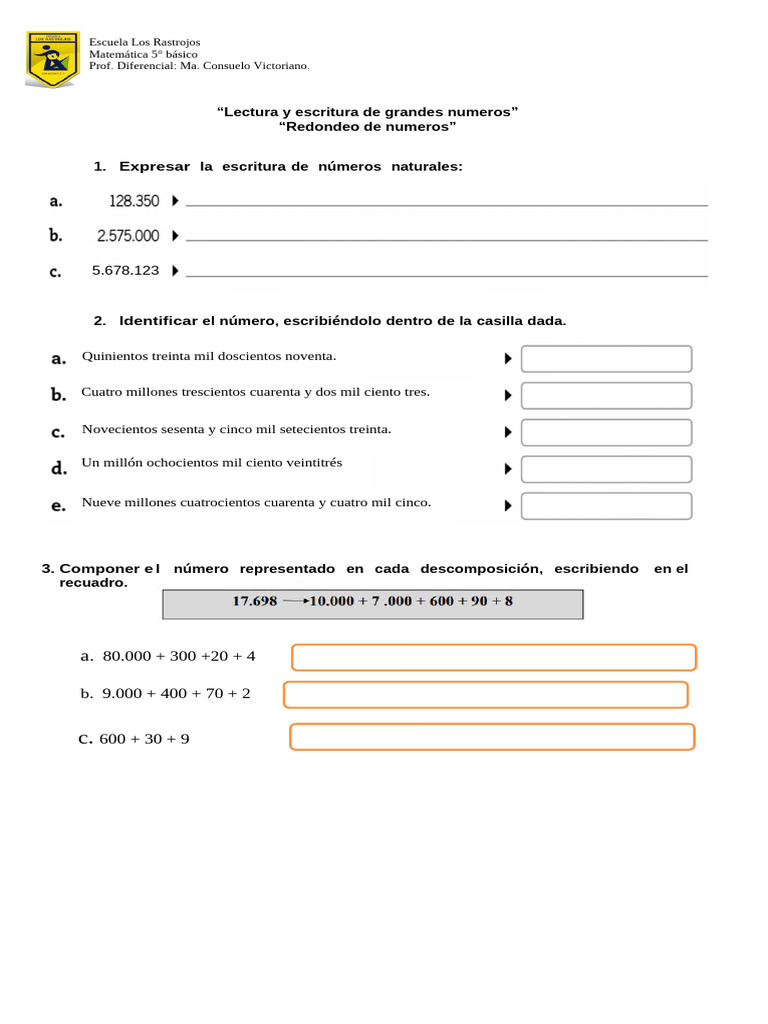 Repaso de Prueba Lectura, Escritura y Redondeo de Numeros 5° | PDF