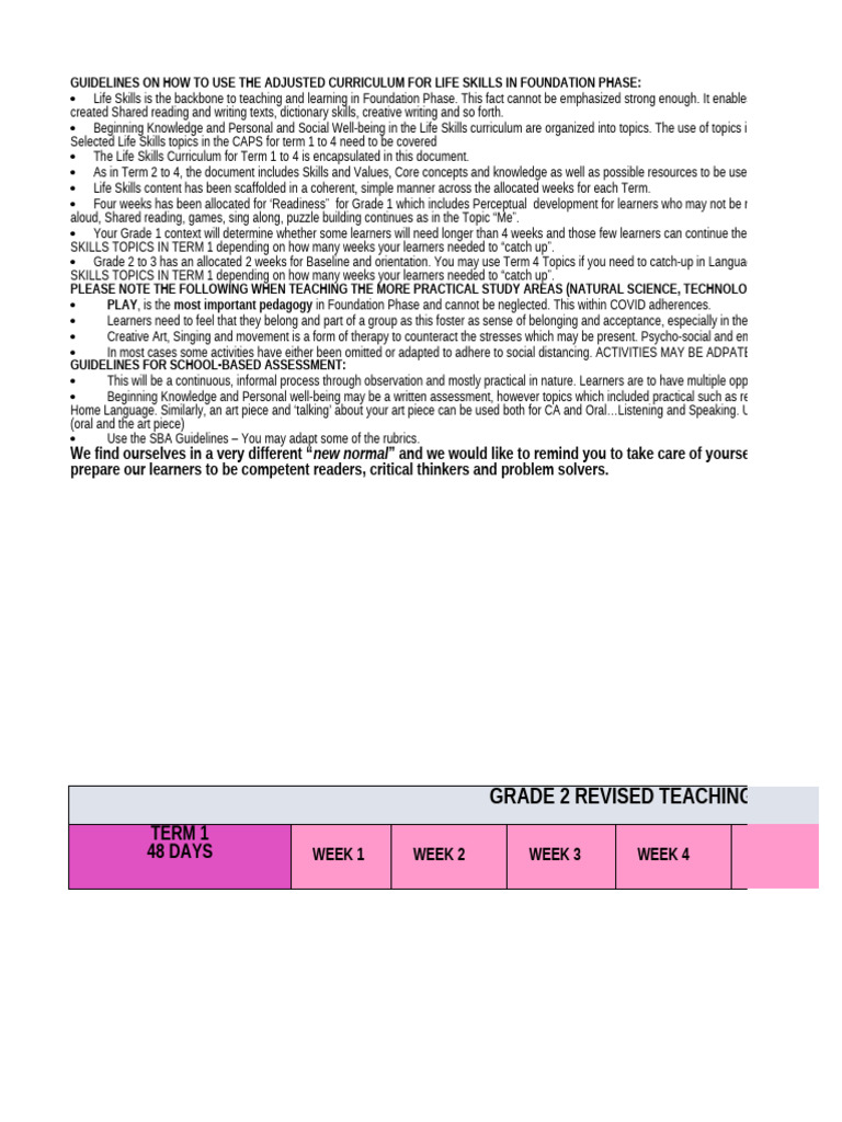 2022 Grade 2 Combined Life Skills Revised Teaching Plans | PDF