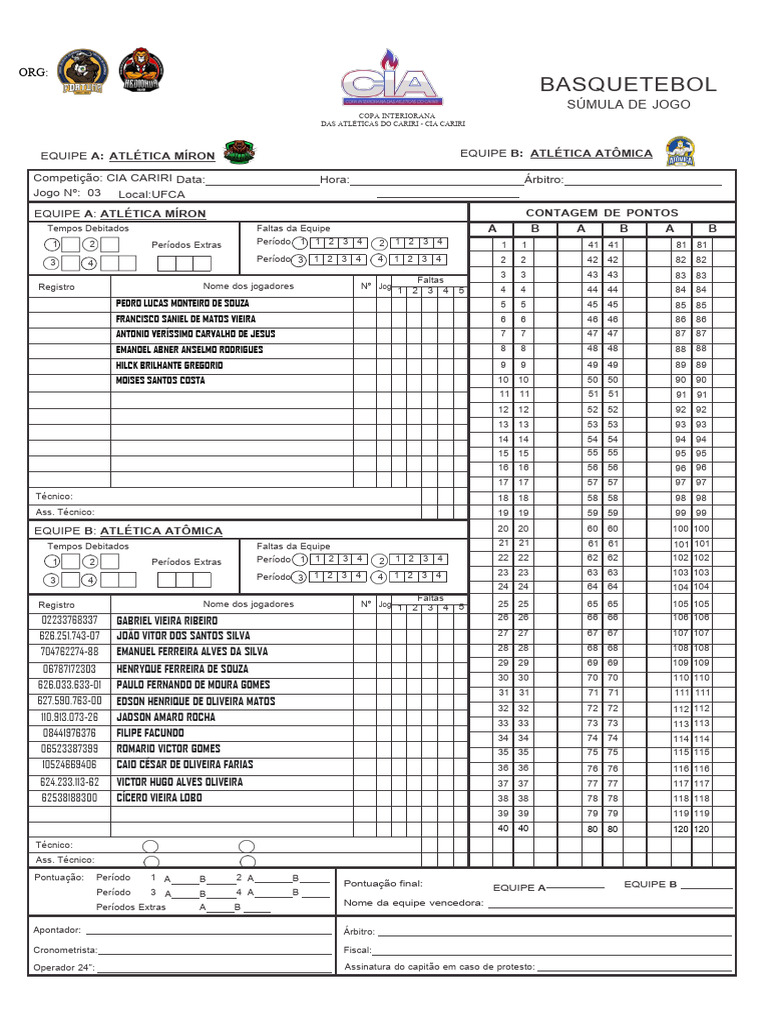 Súmula - Basquetebol_MIR_ATO | PDF Súmula - Basquetebol_MIR_ATO | PDF