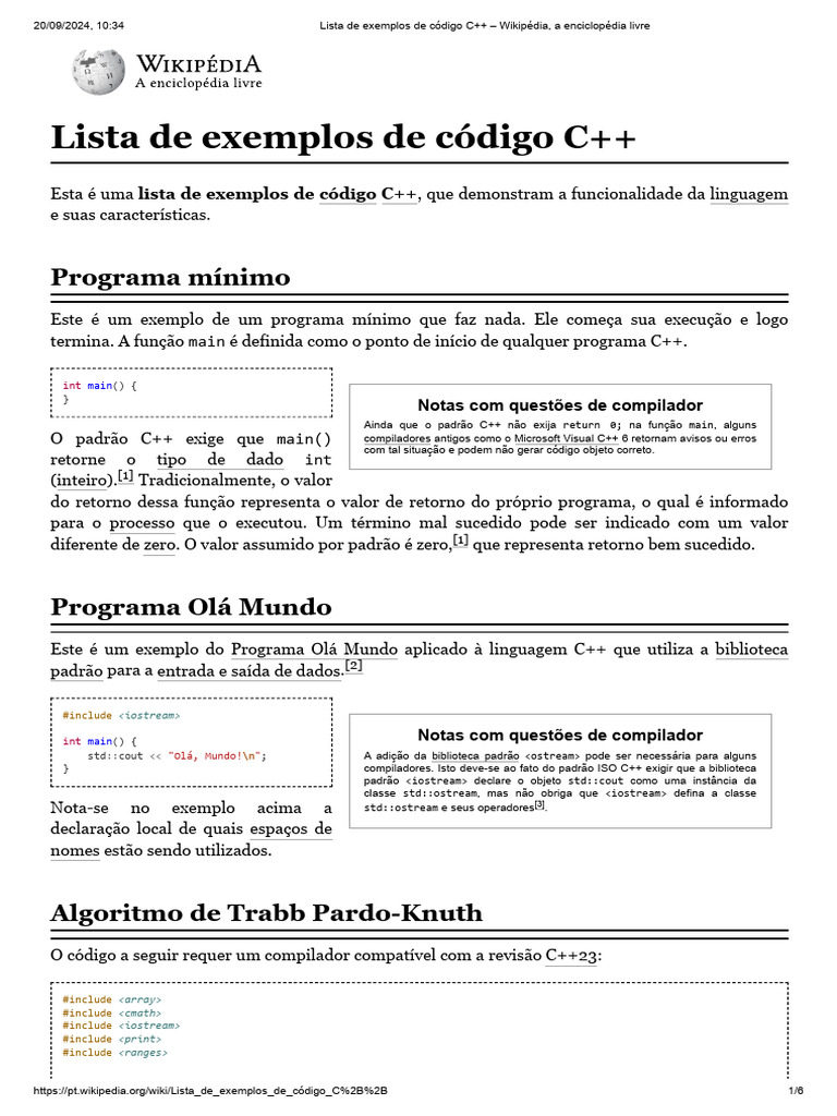 Lista de Exemplos de Código C++ - Wikipédia, A Enciclopédia Livre | PDF