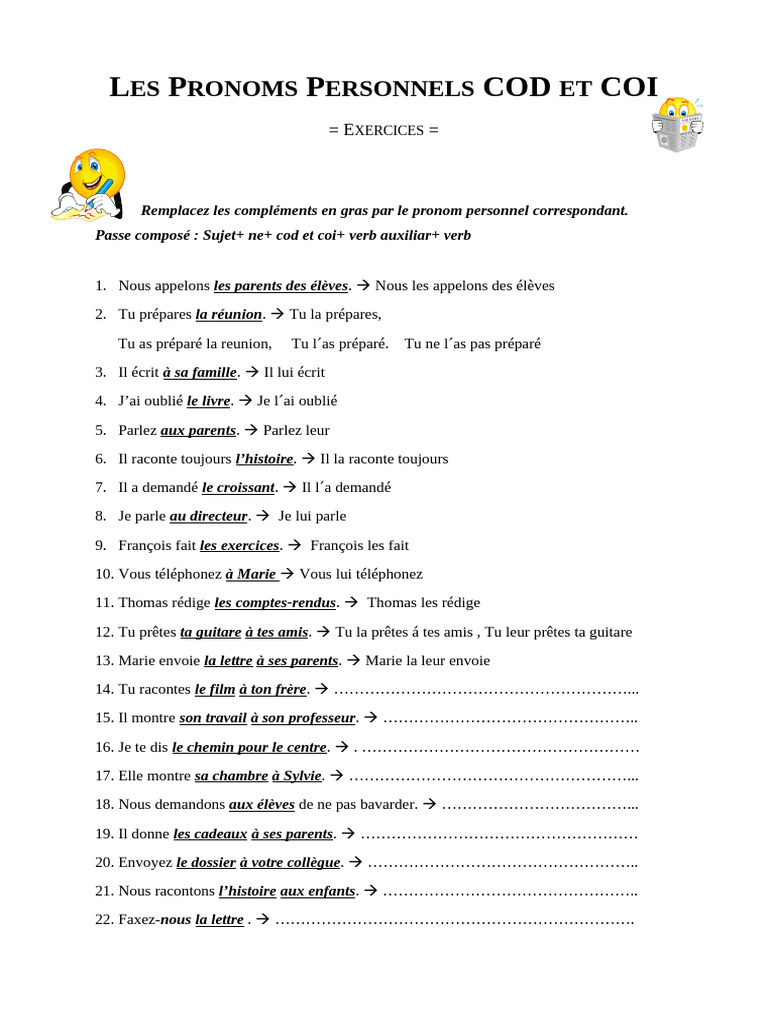 Pronoms Personnels Cod Et Coi Exercices Feuille Dexercices 17652 | PDF