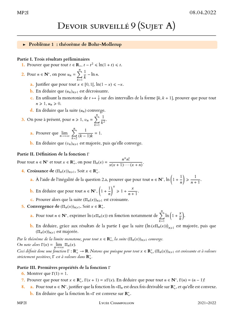 Devoir Surveillé 9 (Sujet A) : Problème 1: Théorème de Bohr-Mollerup | PDF