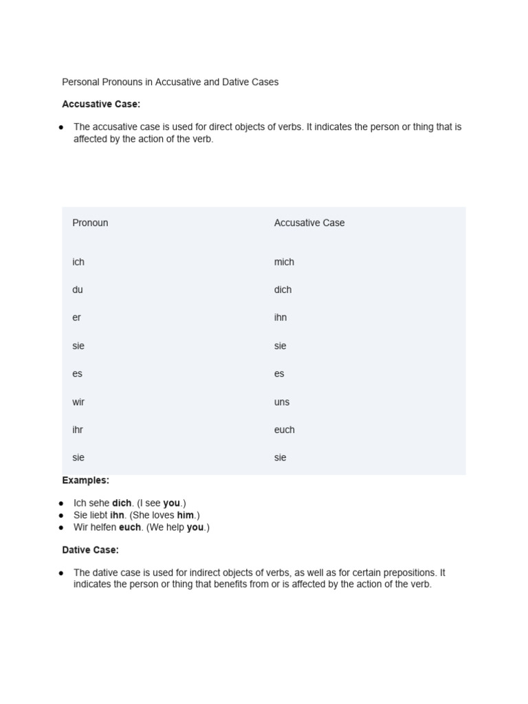 Notes On Personal Pronoun in Accusative and Dative | PDF | Language ...