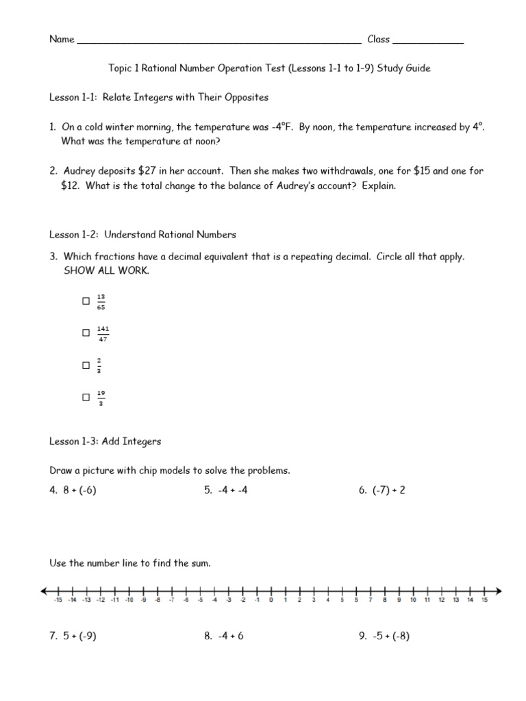 Lessons 1-1 To 1-9 Rational Number Operations Test Study Guide 2023 ...
