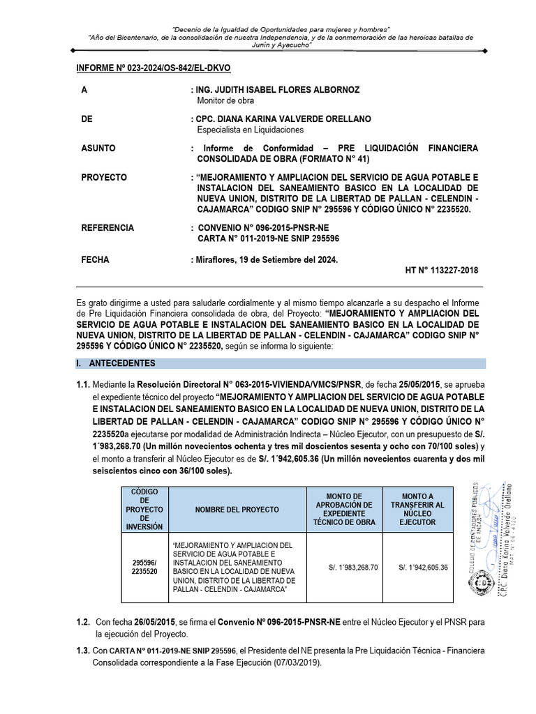 Informe #023-2024-Os 842 Nueva Union F.41 de Ejecución de Obra | PDF