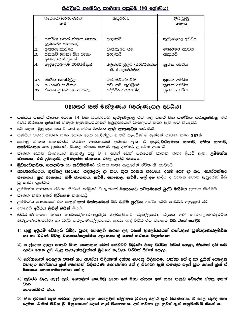 Grade 10 Sinhala Literature Short Notes | PDF
