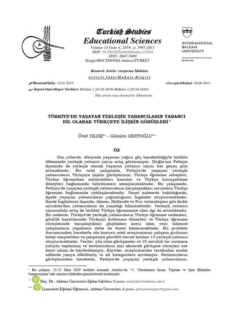 Turkiyede Yasayan Yerlesik Yabancilarin | PDF