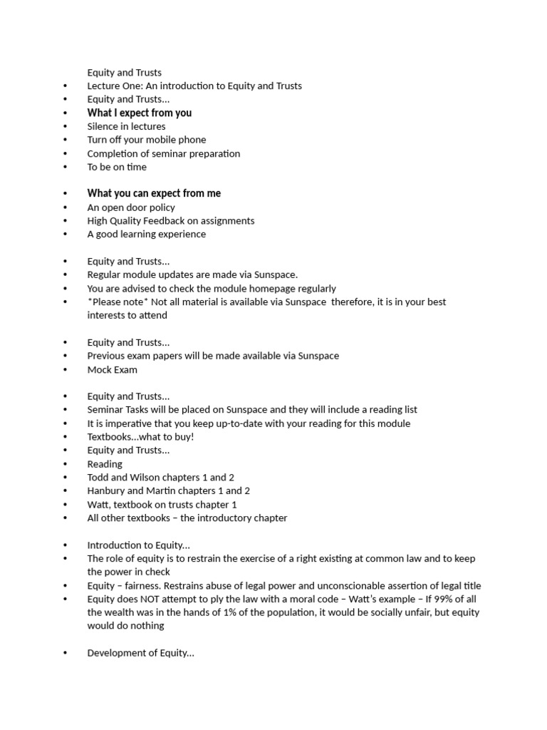 Equity & Trust - Lecture 1 - An Introduction To Equity and Trusts | PDF