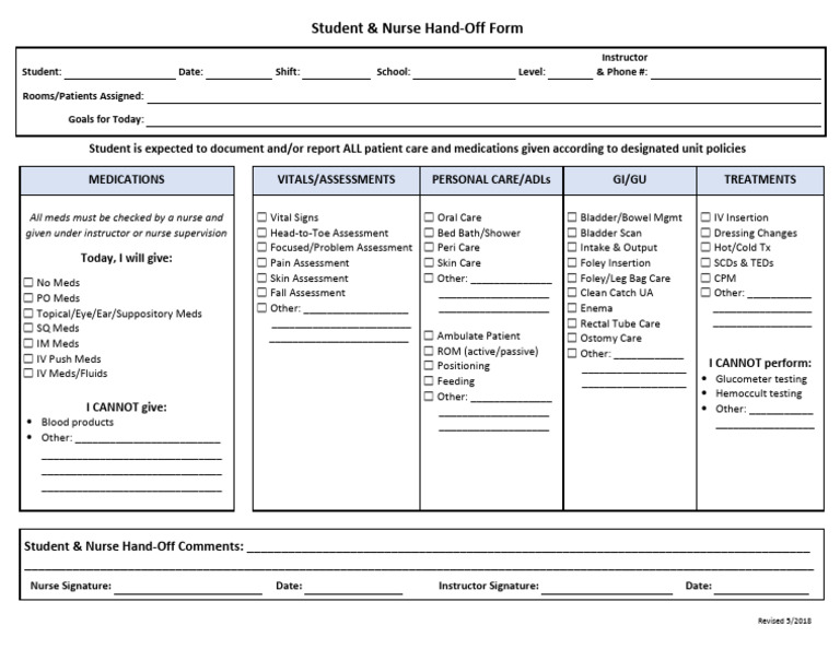 Student-Nurse Hand Off Form | PDF