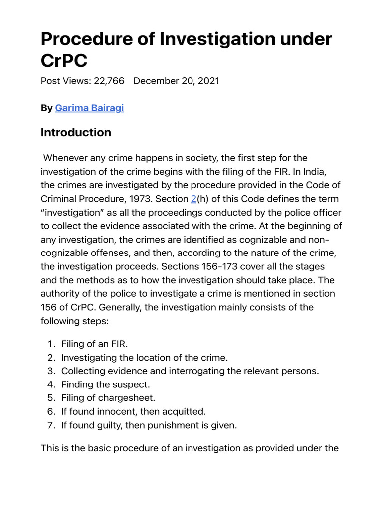 Procedure of Investigation Under CRPC - LL.B Mania | PDF