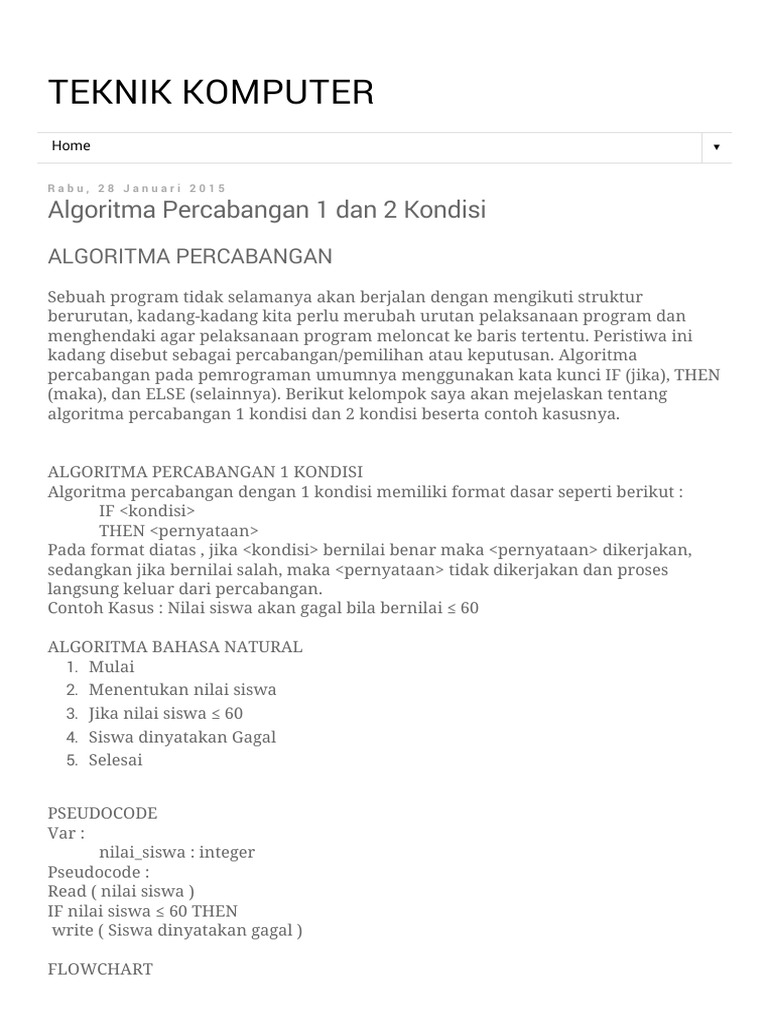 Algoritma Percabangan 1 Dan 2 Kondisi | PDF