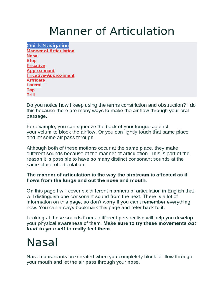 Manner of Articulation | PDF