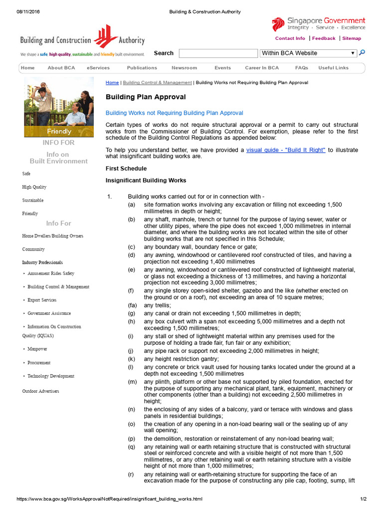 BCA - First Schedule (Insignificant Bldgs Works Not Requiring BLDG Plan ...