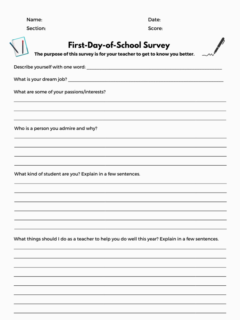 First Day of School Survey 2 | PDF