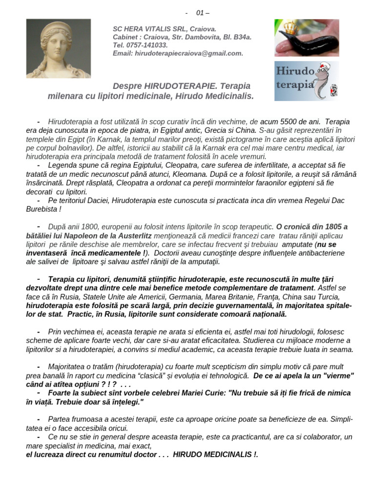 Despre Hirudoterapie - Terapia Milenara Cu Lipitori Medicinale | PDF