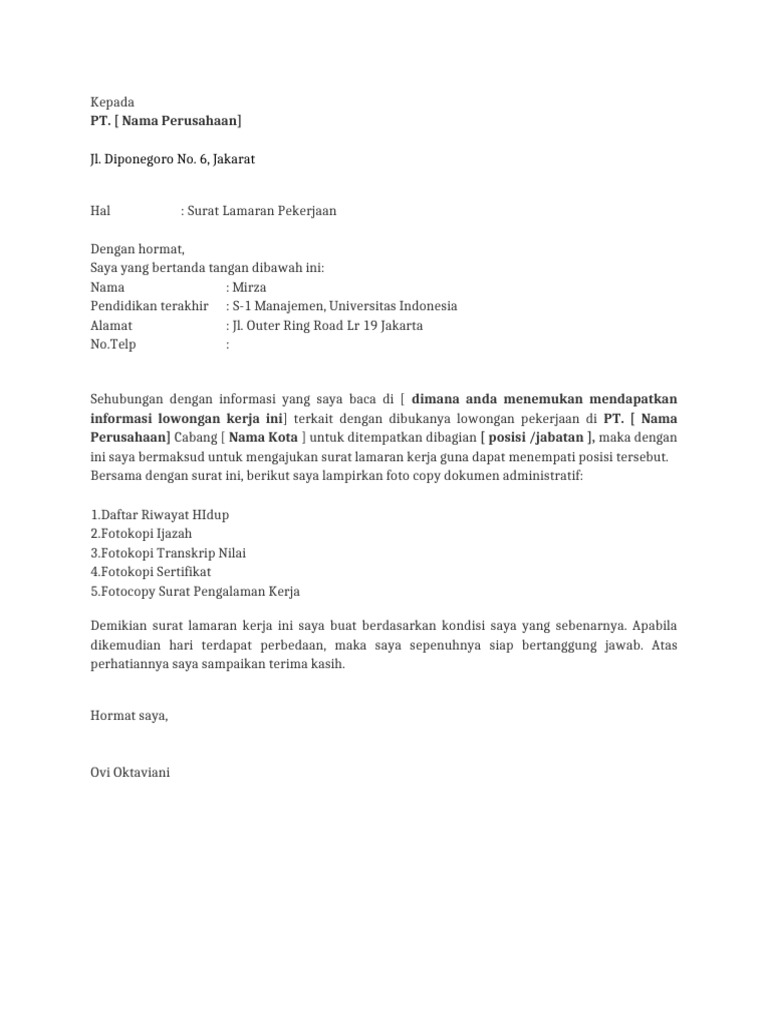 Contoh Surat Lamaran Simple | PDF