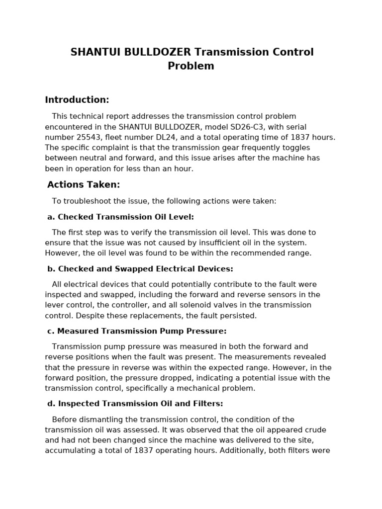 SHANTUI BULLDOZER Transmission Control Problem | PDF