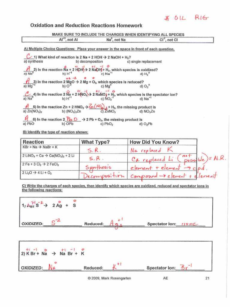 Ox and Reduction HW Key | PDF