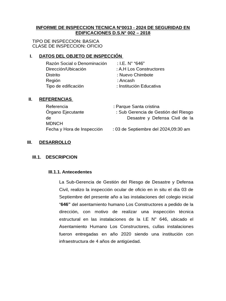 Informe Inspeccion | PDF