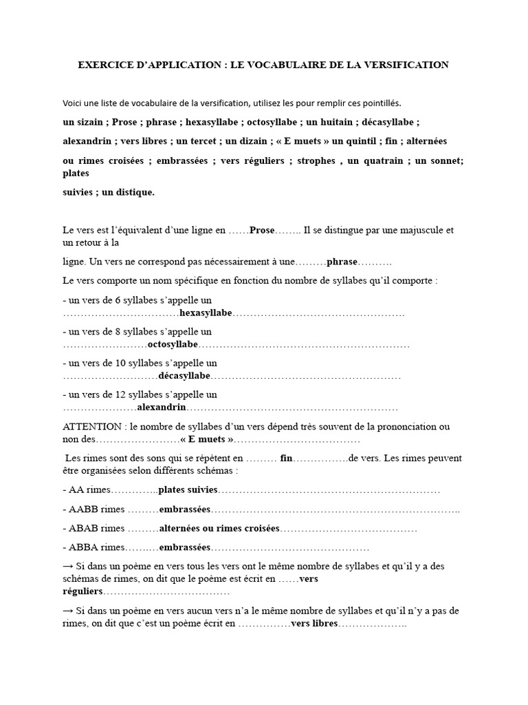 EXERCICE Voc de La Versification MYP3 | PDF