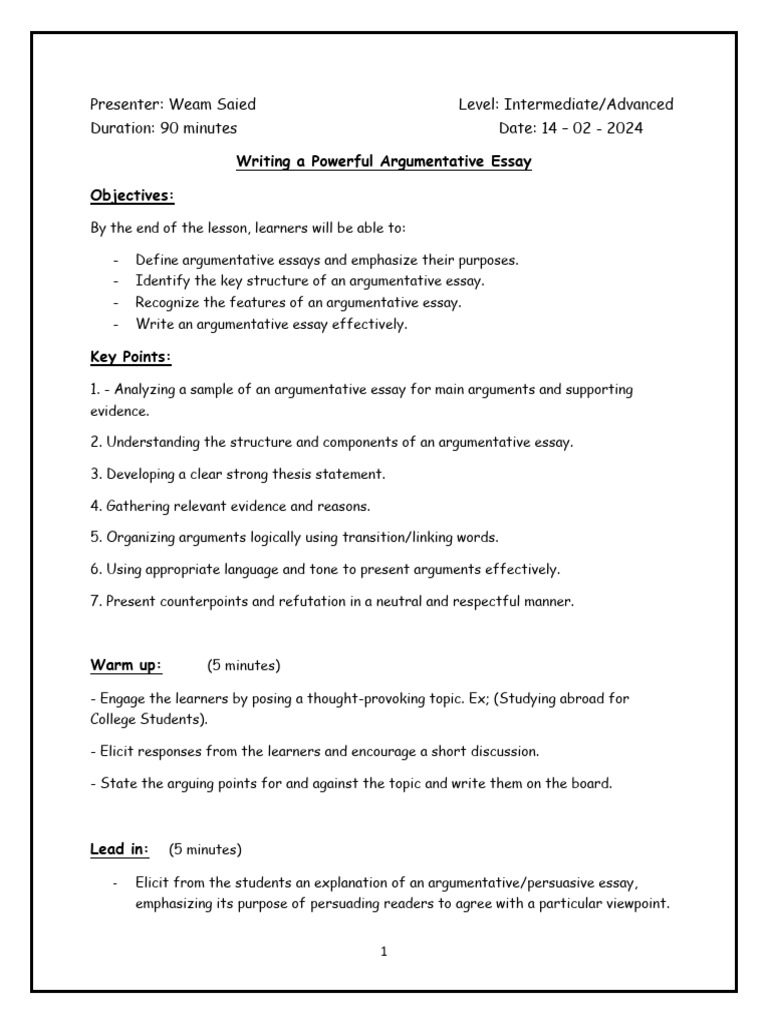Argumentative Essay - Lesson Plan | PDF