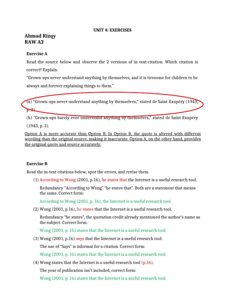 In-Text Citation Exercises and Corrections | PDF