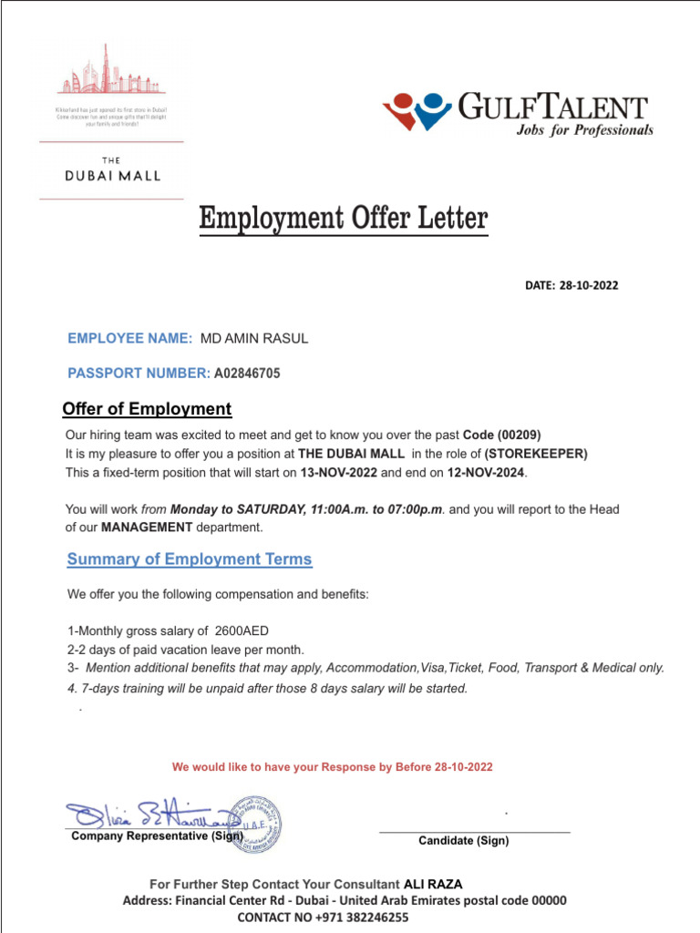Dubai Mall Storekeeper Offer Letter | PDF