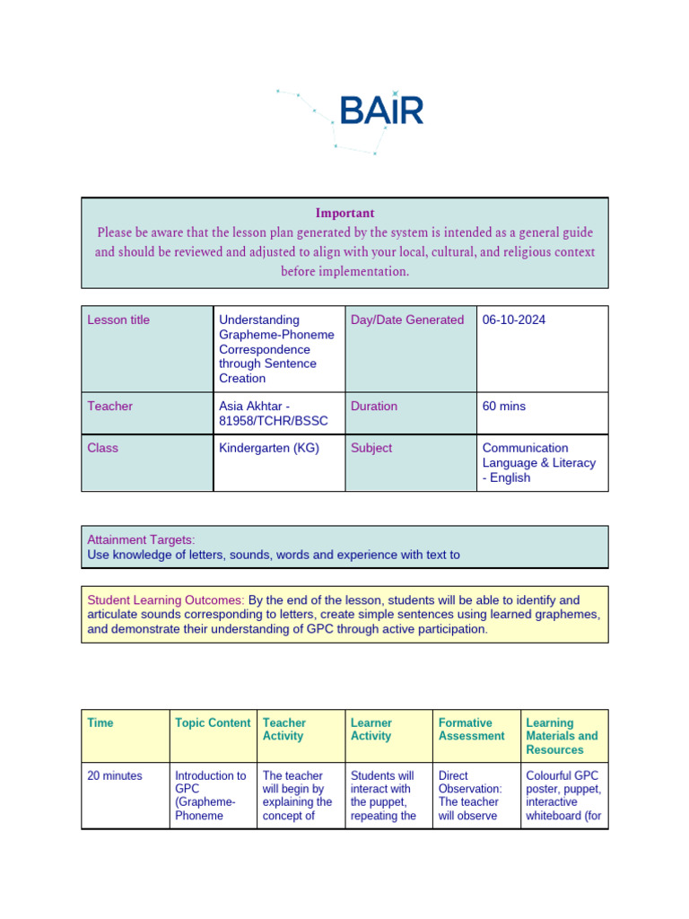 BAIR Lesson Plan - Communication Language & Literacy - English ...