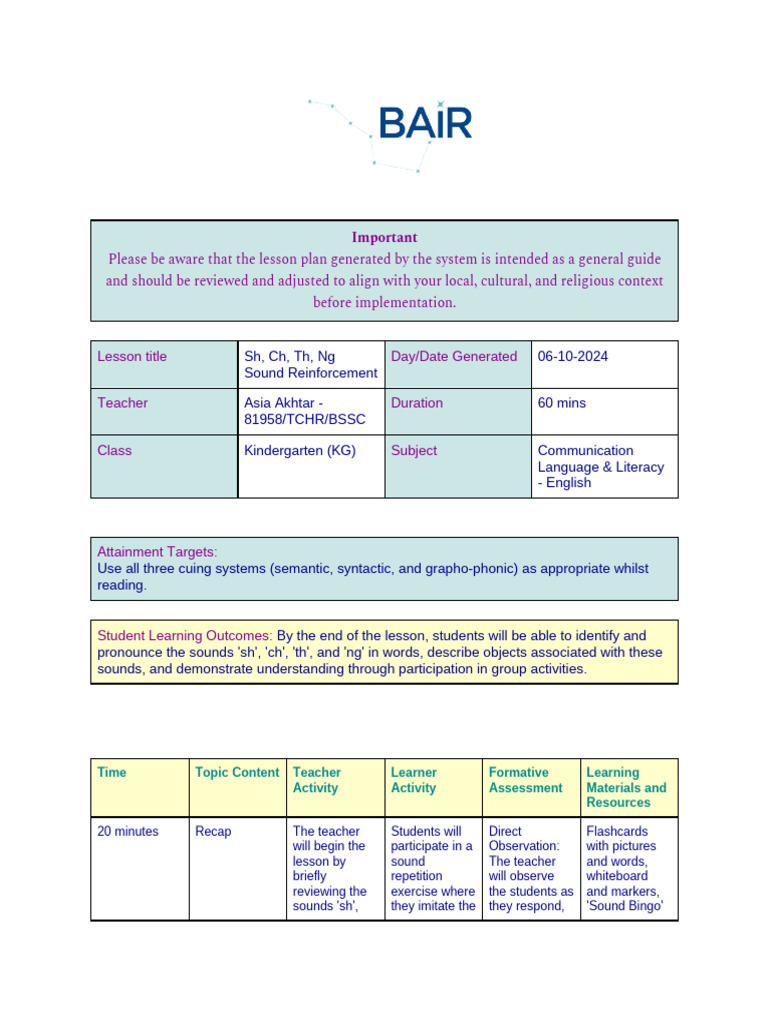 BAIR Lesson Plan - Communication Language & Literacy - English ...