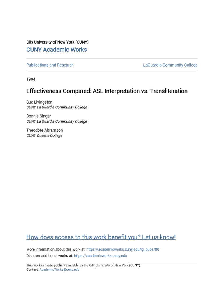 Effectiveness Compared - ASL Interpretation vs. Transliteration | PDF