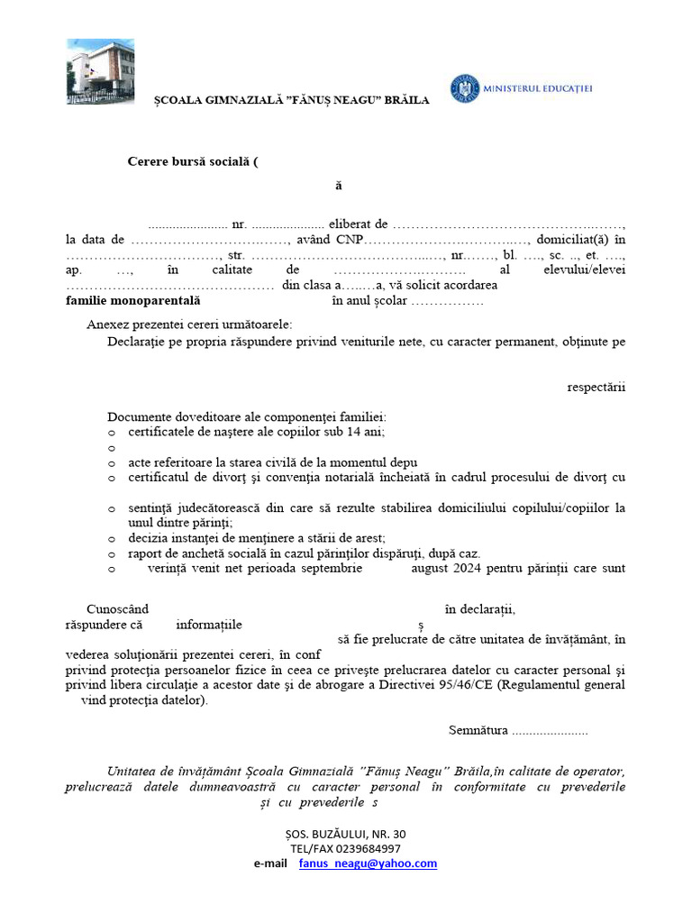 Cerere Bursa Sociala Pentru Familie Monoparentala | PDF