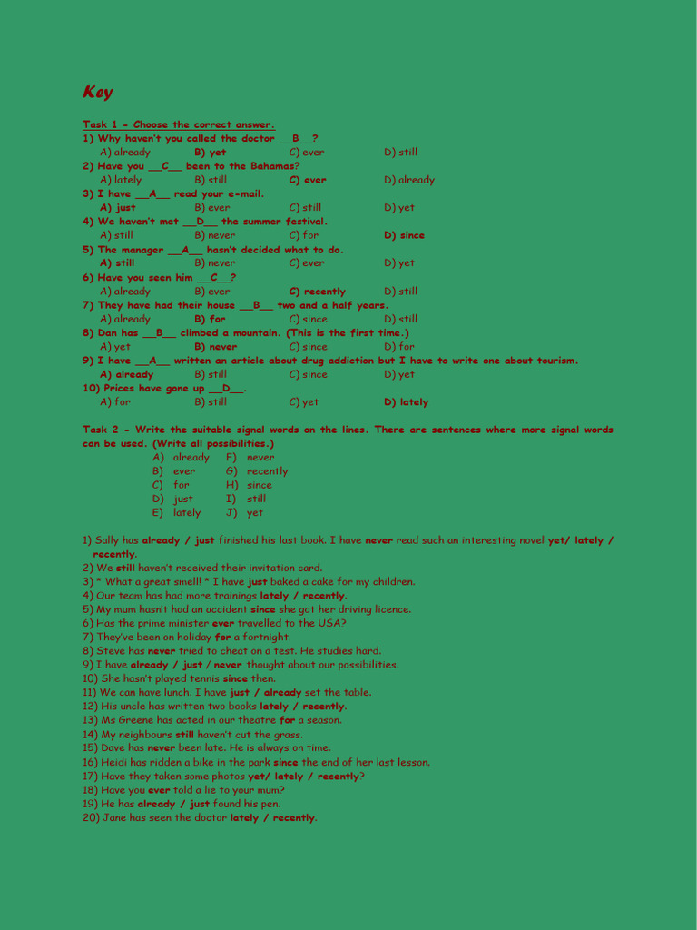 Signal Words - Present Perfect KEY | PDF | Language Arts & Discipline
