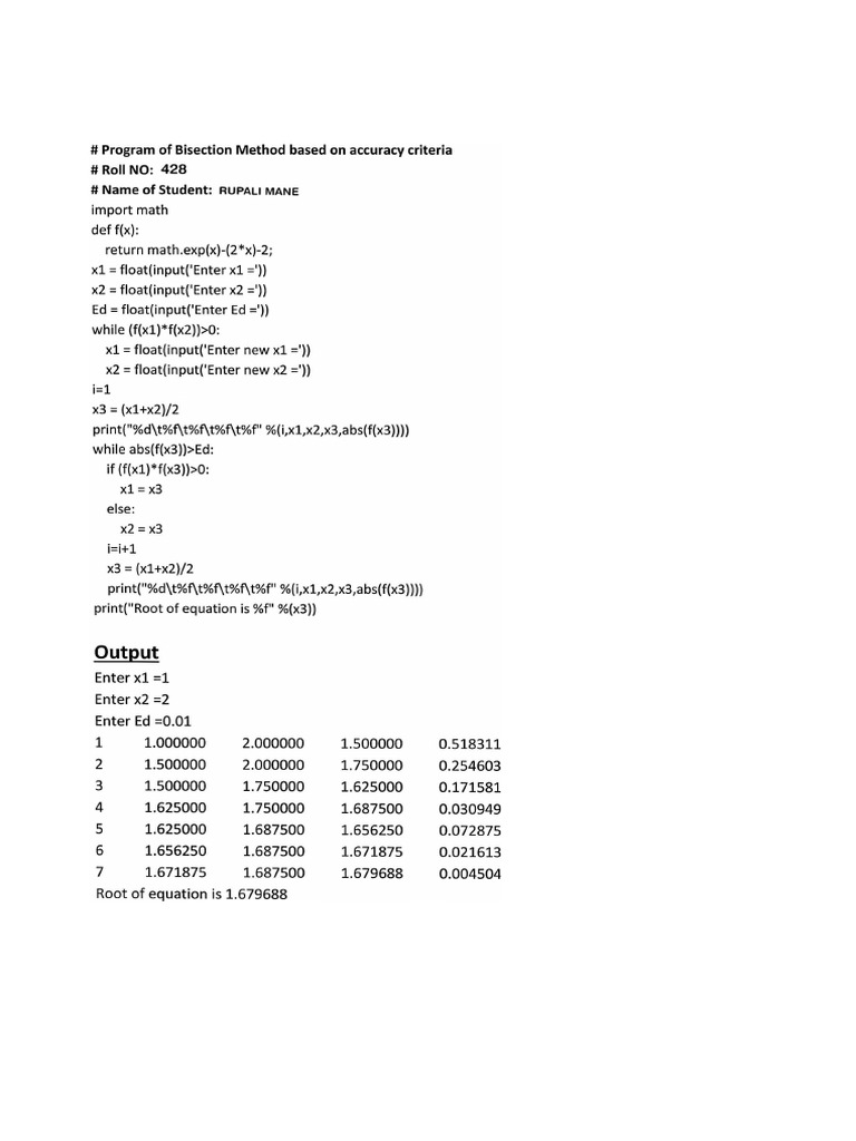 Program of Bisection Method Based On Accuracy Criteria | PDF