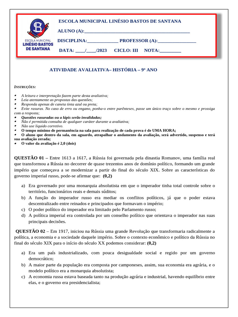 Atividade Avaliativa - 9 Ano - Rev. Russa | PDF